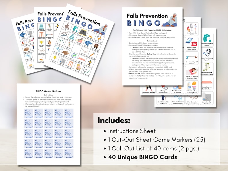 Falls Prevention BINGO Game, Falls Injury Prevention Strategy, Seniors ...