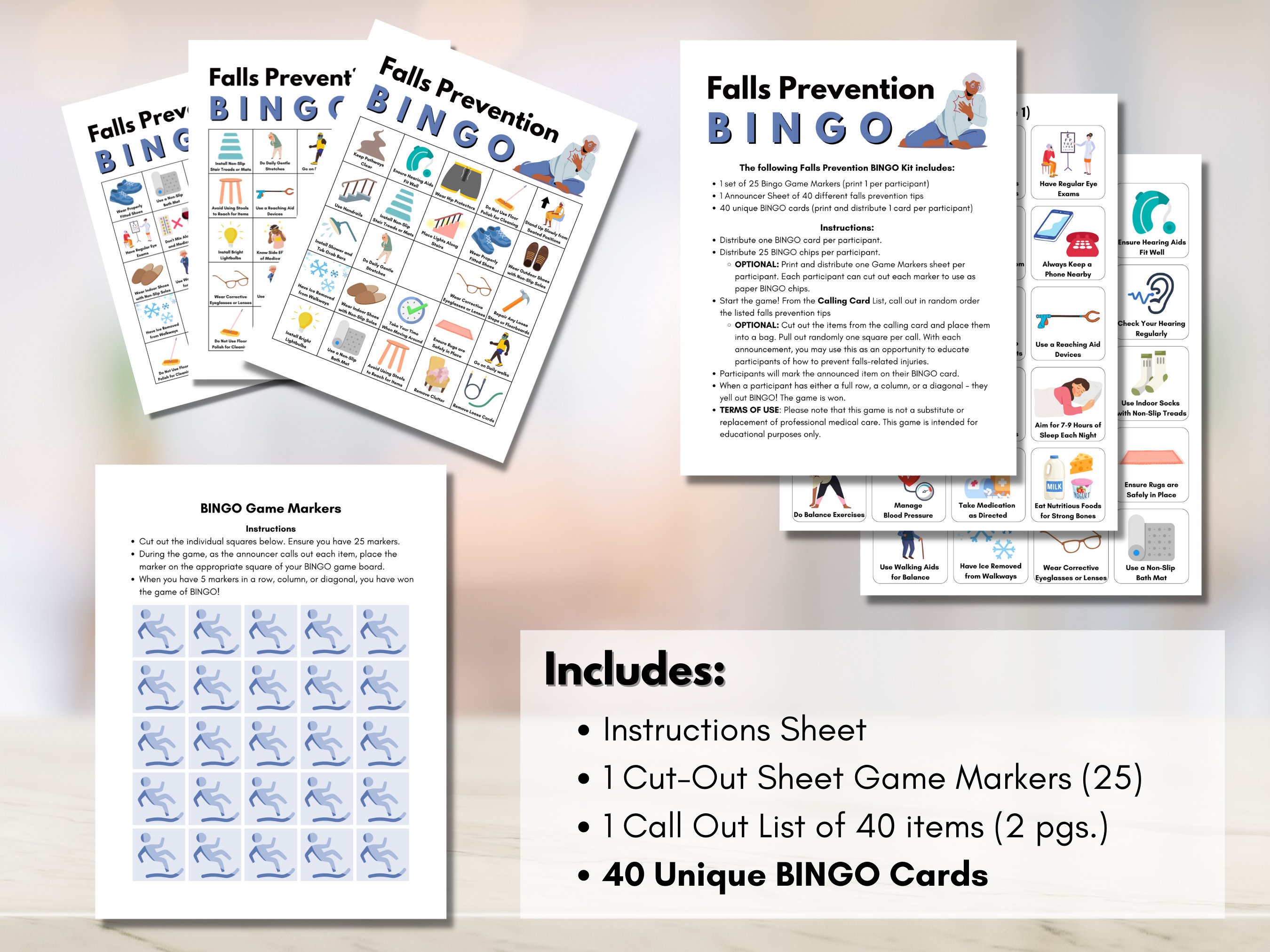 Falls Prevention BINGO Game, Falls Injury Prevention Strategy, Seniors Wellness Game ...