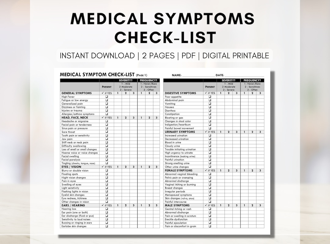 Symptom Checklist, Doctor Visit, Medical Tracker, Symptom List, Patient ...