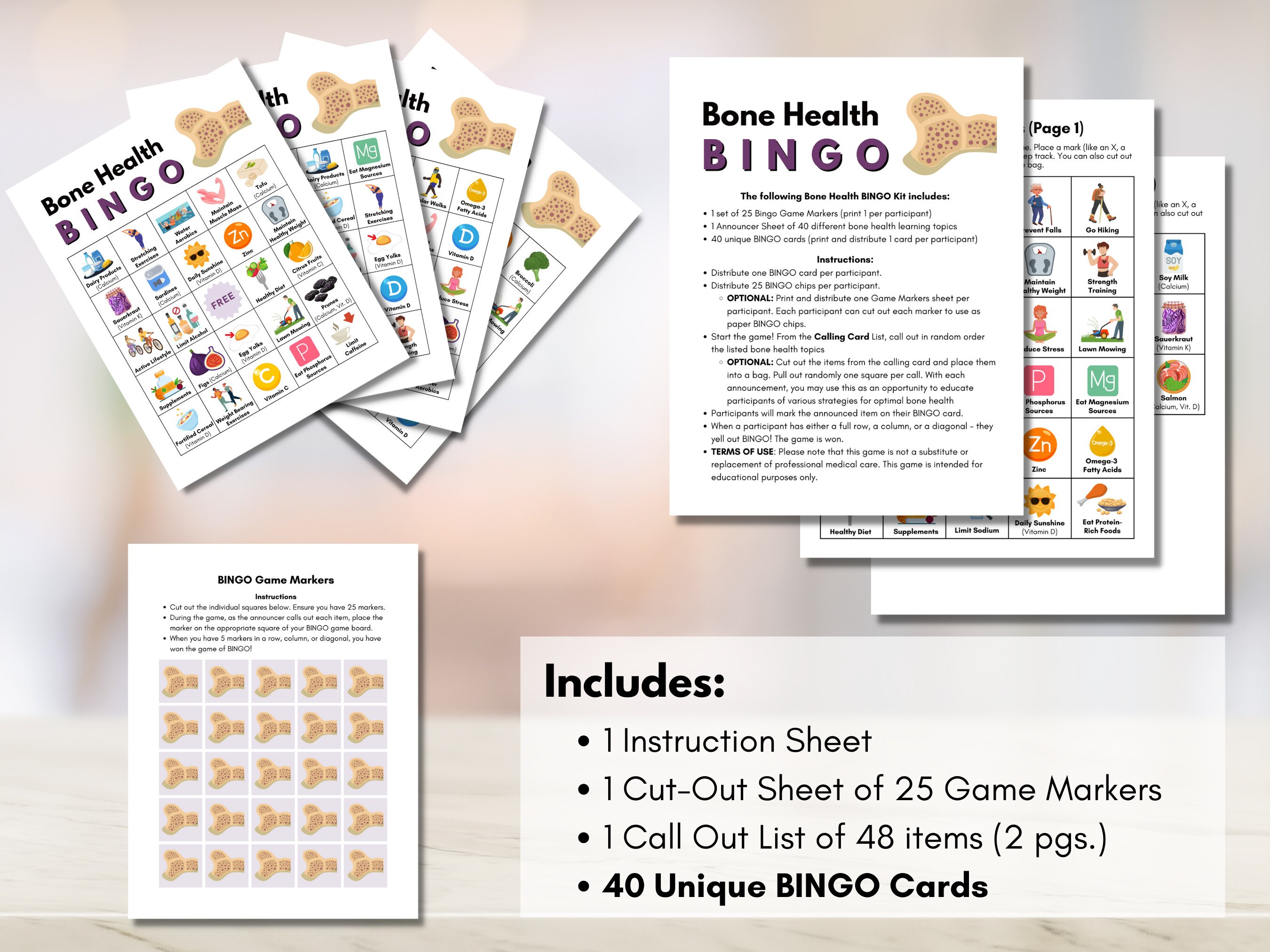Bone Health BINGO Game Kit, Patient Education, Health Workshop ...