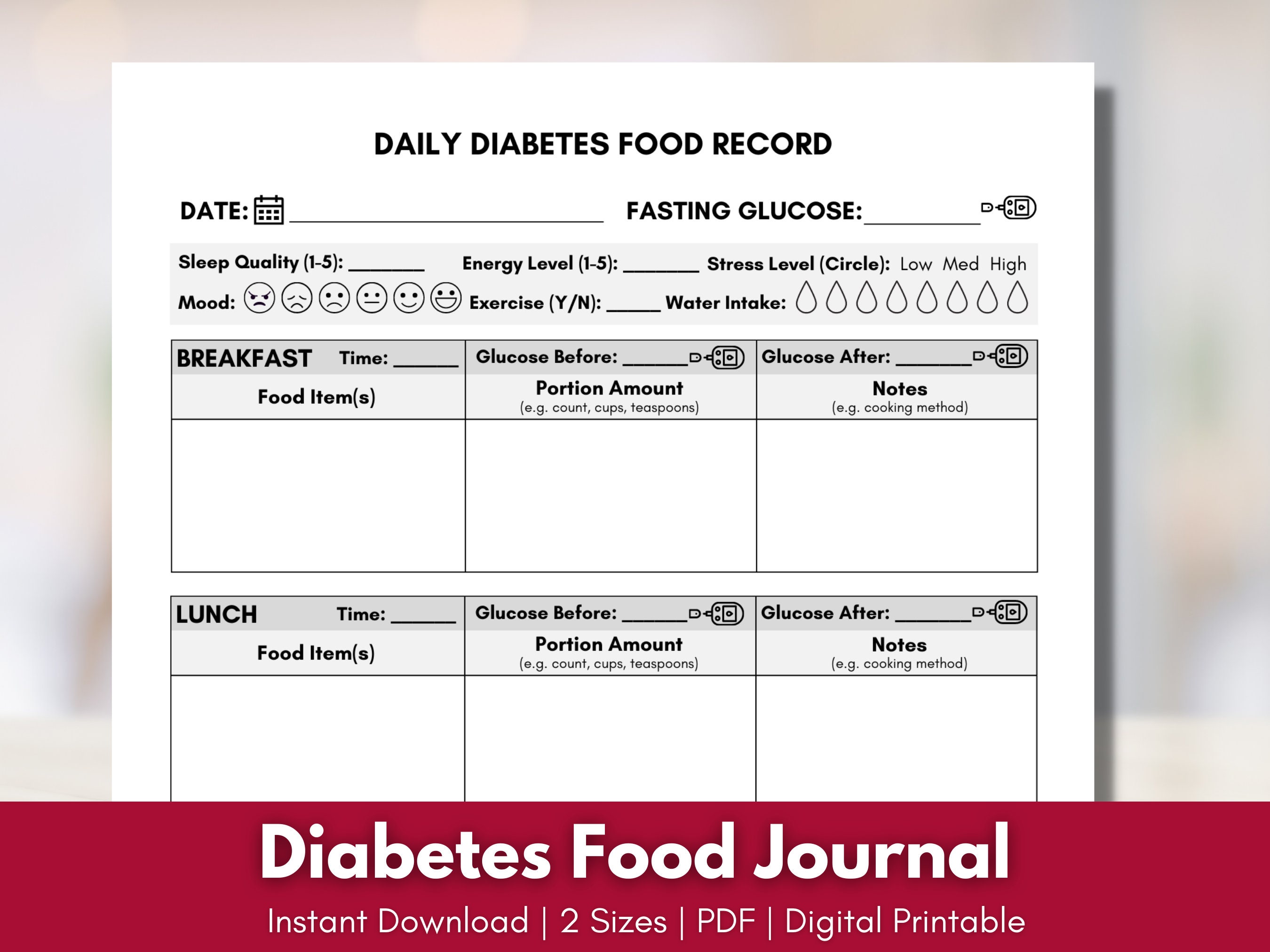 Diabetes Food Journal Blood Sugar Log Type 2 Diabetes - Etsy