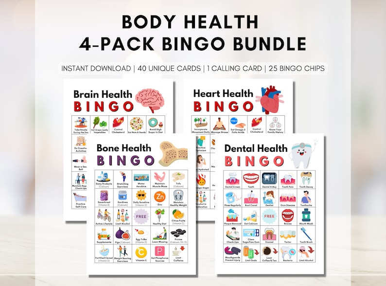 Health BINGO Game Bundle, Includes 4 Games: Brain Health, Heart Health, Dental Health, Bone ...