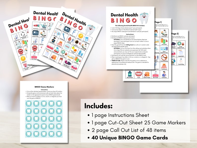 Dental BINGO Game, Oral Hygiene Bingo, Health Games, Patient Education ...