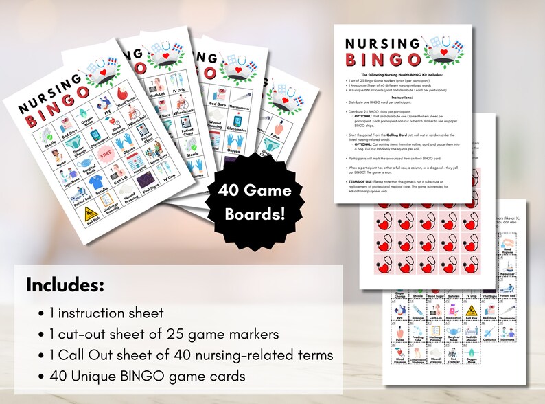 Nurse BINGO Game, 40 Unique BINGO Game Boards, Nurse Education, Medical ...