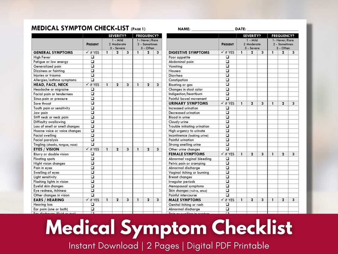 Symptom Checklist Medical Symptom Tracker List Symptom - Etsy UK