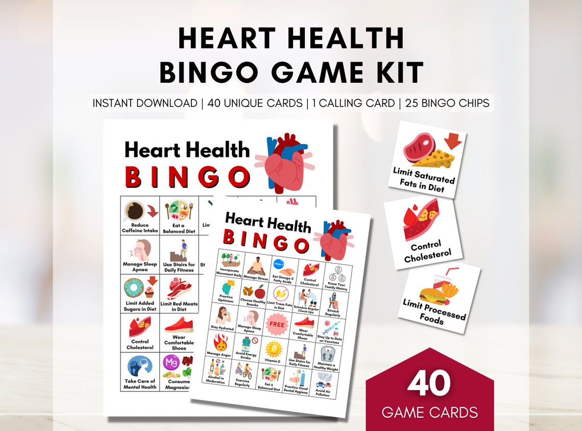 Heart Health BINGO Game, Cardiac Bingo, Health Games, Heart Disease ...