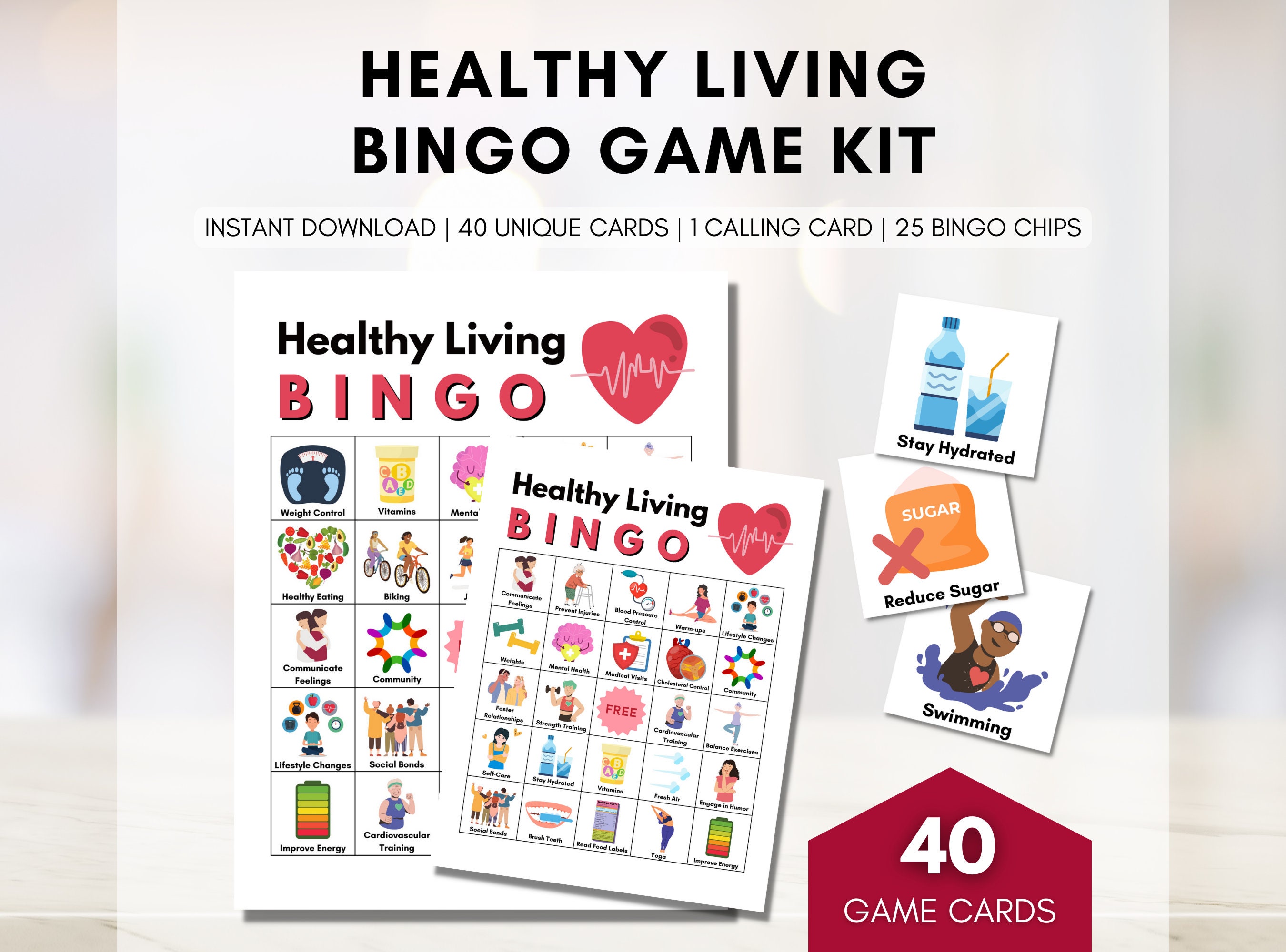 Healthy Living BINGO Game, Health Habits Printable Game, 40 Game Cards, Wellness Learning ...