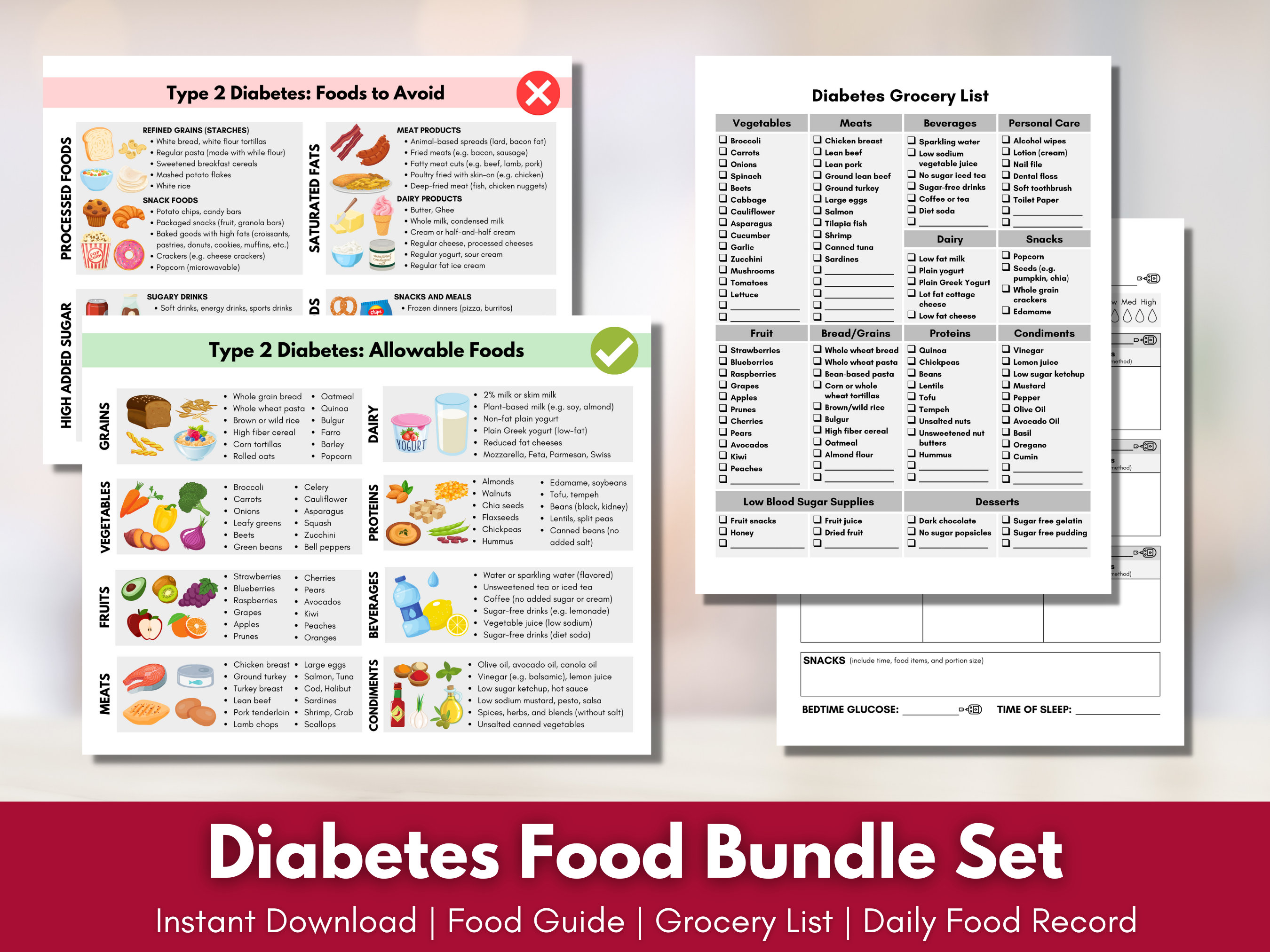 Diabetes Food Guide Grocery List Daily Food Tracker Bundle - Etsy