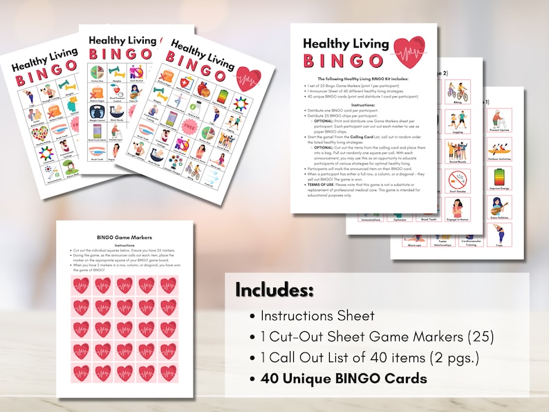 Healthy Living BINGO Game, Health Habits Printable Game, 40 Game Cards ...