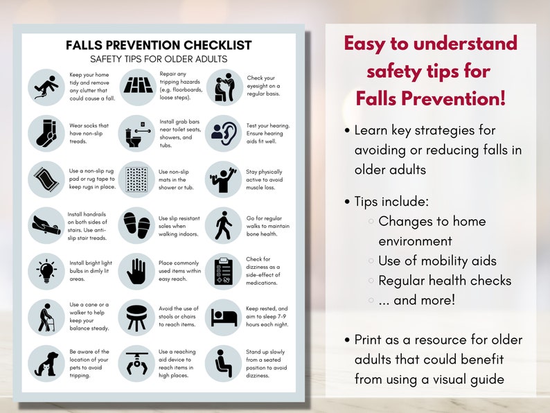Falls Prevention Checklist, Falls Injury Tip Sheet, Seniors Health ...