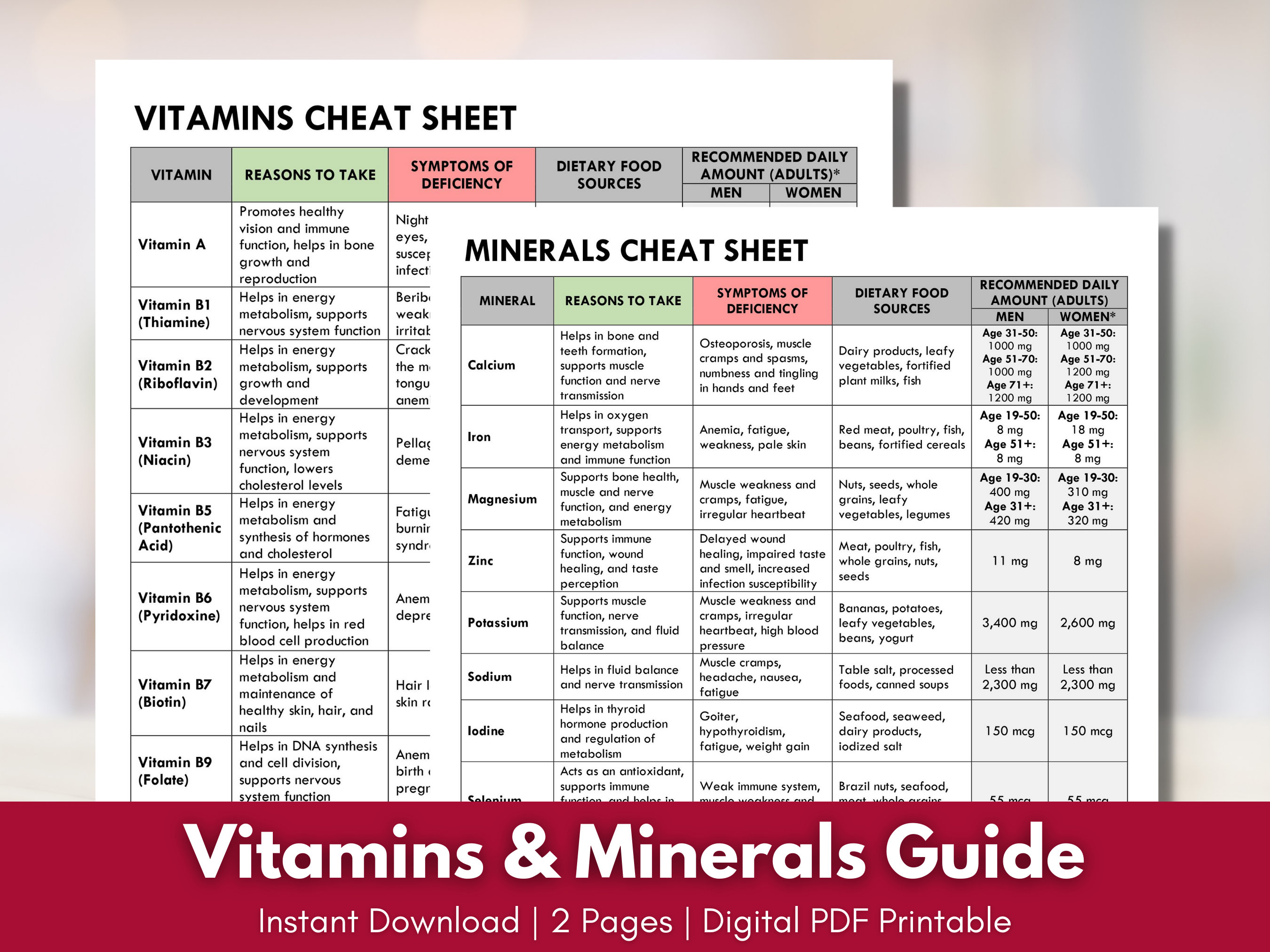 Vitamins and Minerals Guide Essential Nutrients Chart - Etsy UK