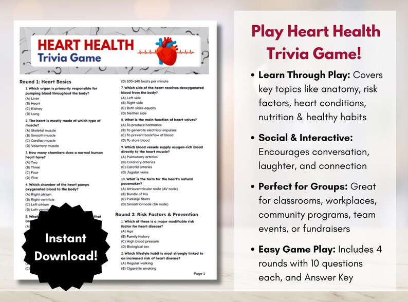 Heart Health Trivia Game, Printable Cardiac Quiz Game, Powerpoint ...