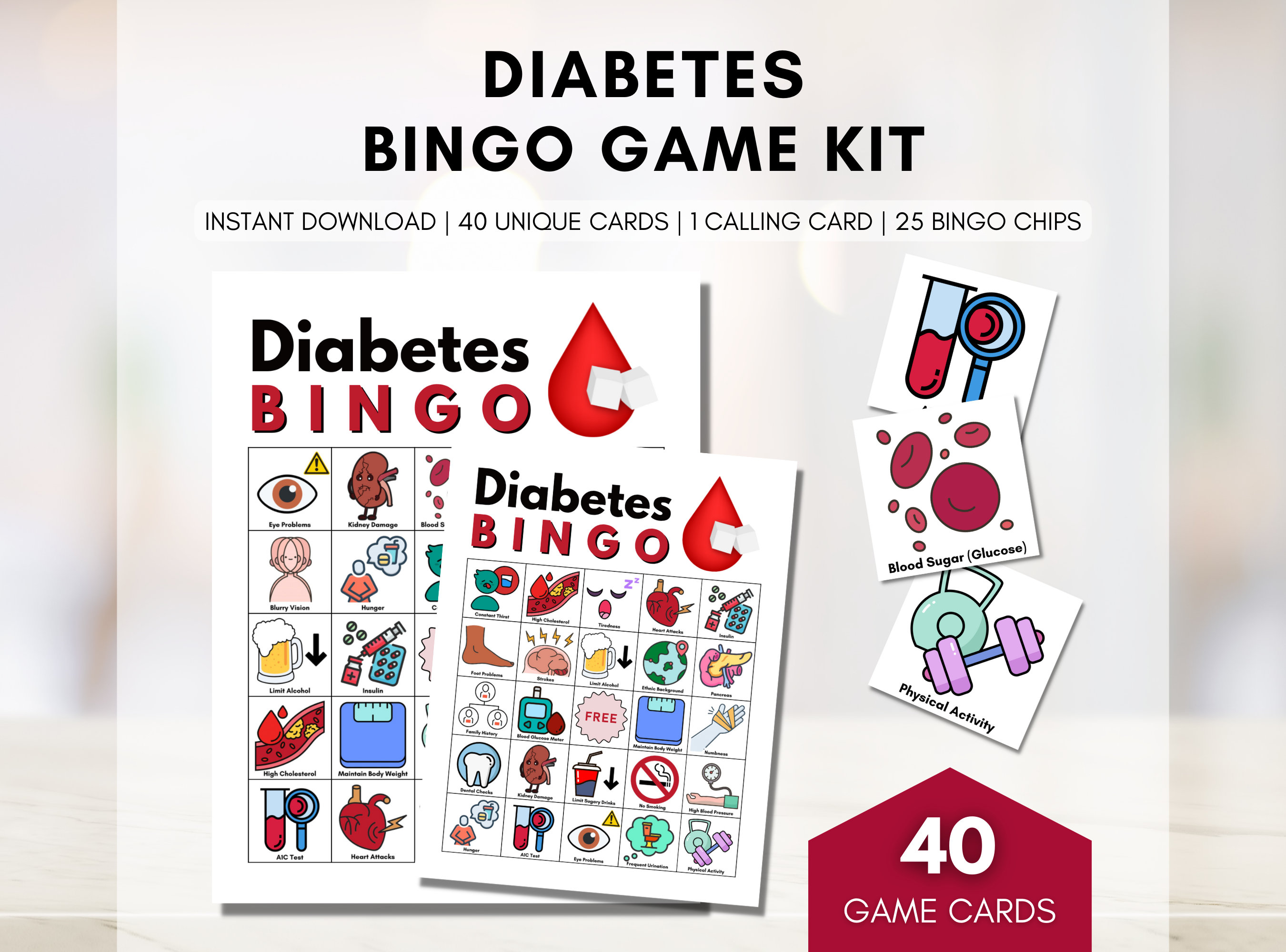 Diabetes BINGO Card Game, 40 Game Boards, Type 2 Diabetes Patient ...