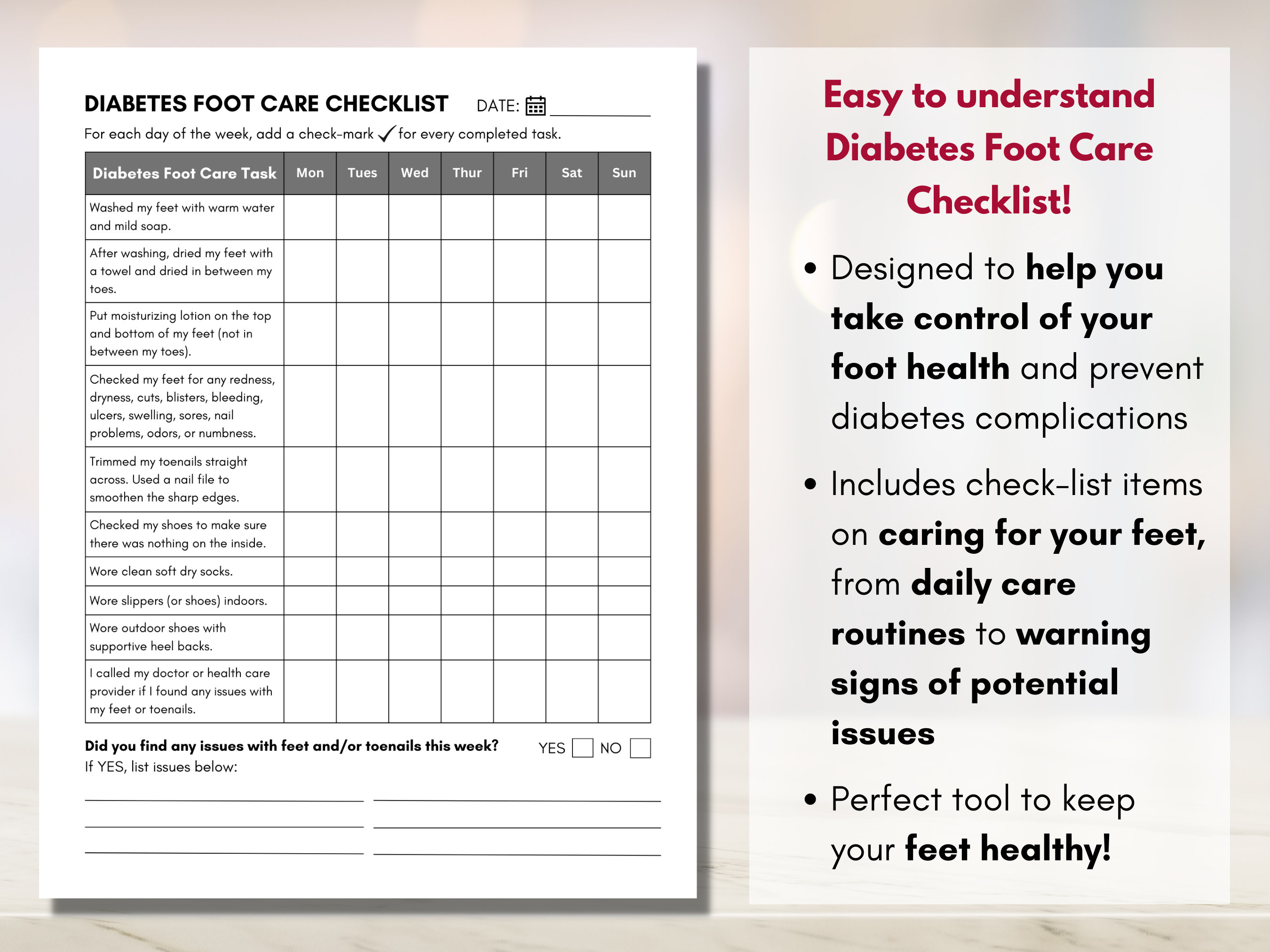 Diabetes Foot Care Checklist, Diabetic Foot Care Guide, Feet Care Log ...