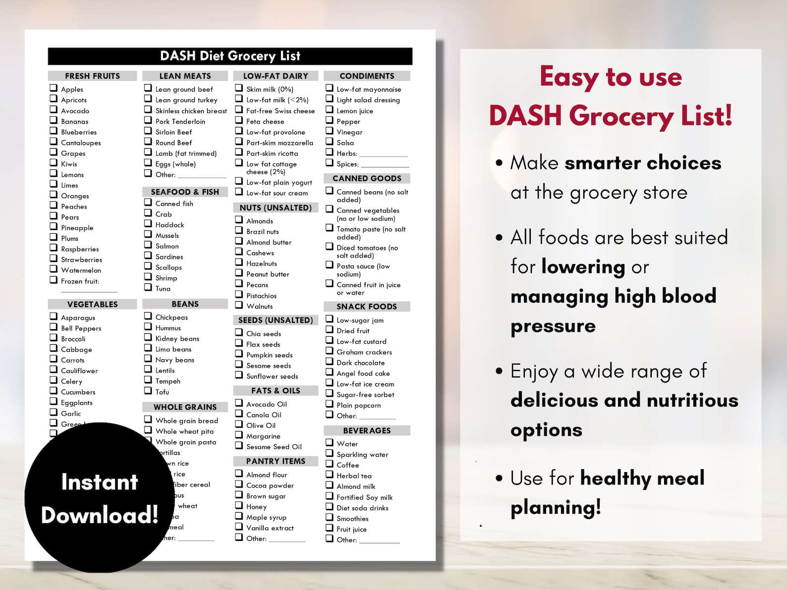 DASH Diet Grocery List, Low Sodium Shopping List, High Blood Pressure ...