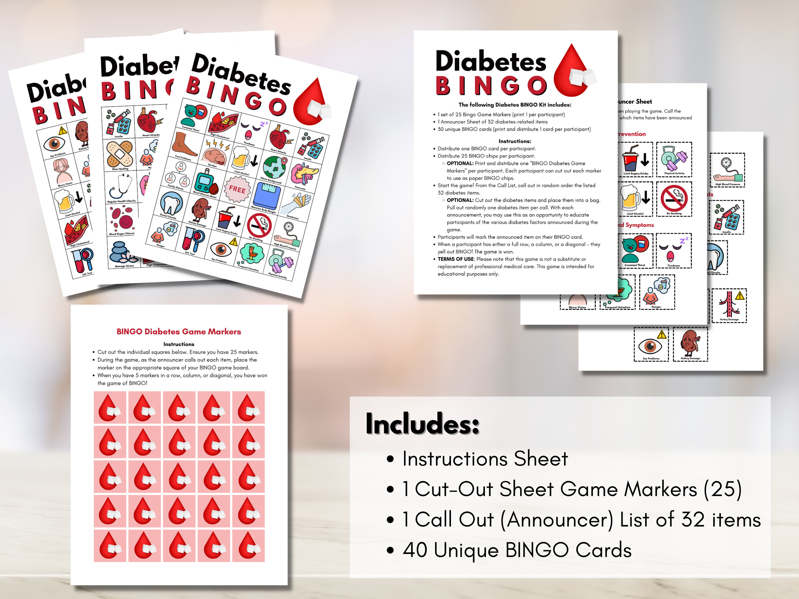 Diabetes BINGO Card Game, 40 Game Boards, Type 2 Diabetes Patient ...