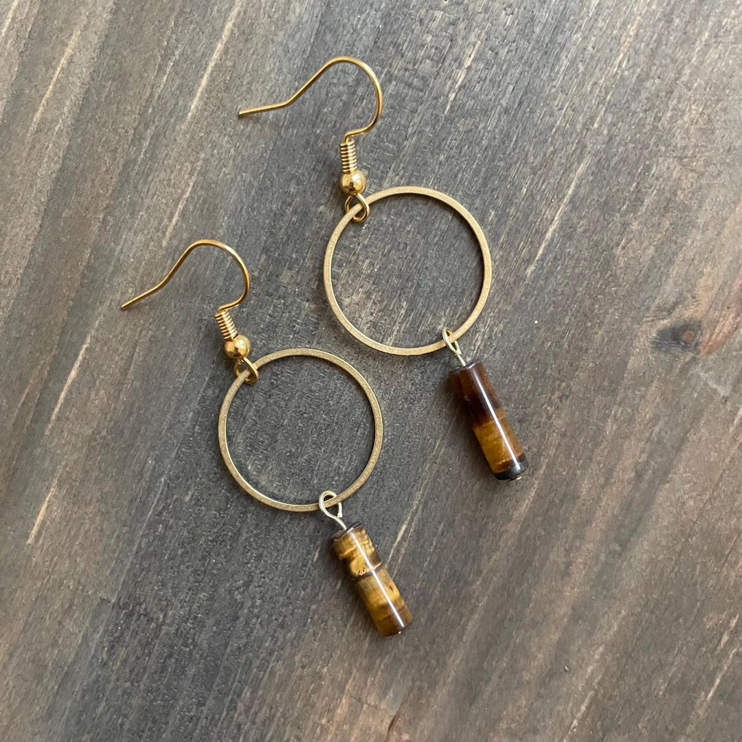 Tigers Eye Circular Dangle Earrings | Brass With 18k Gold Plated ...