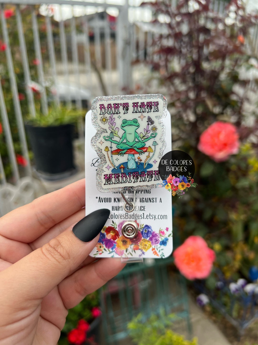 Dont Hate Meditate Badge, Be Kind Badge, Frog Badge, Mushroom Badge ...