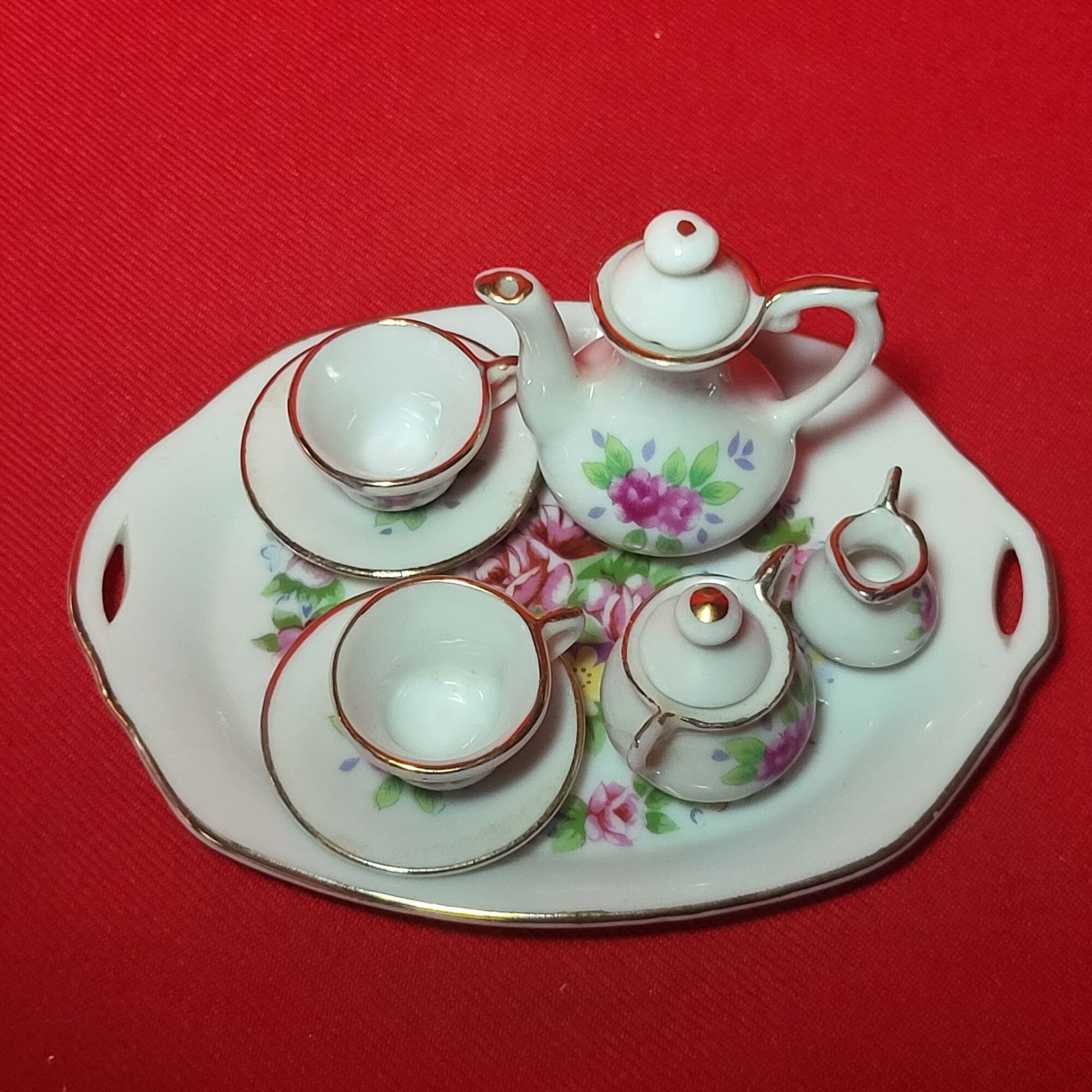VTG Miniature Tea Set Pink Roses Gold Trim 10 Pc - Etsy