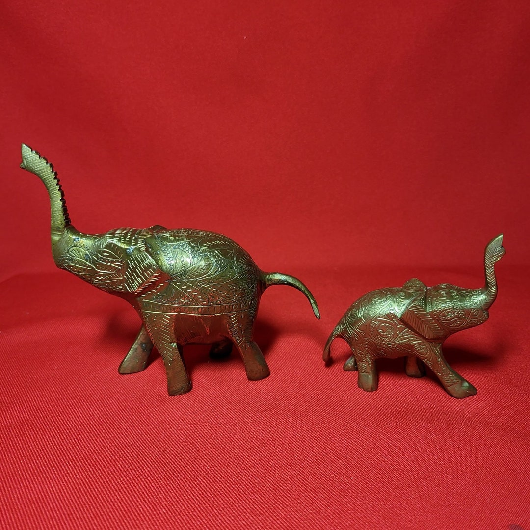 Vintage Etched Solid Brass Metal Elephants Lucky Trunk up Set of 2 - Etsy