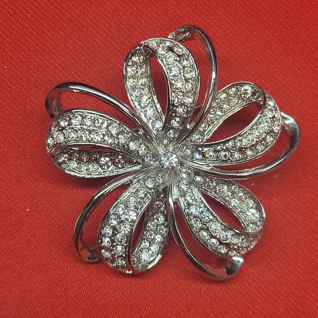 Monet Silver Tone Clear Rhinestone Bow Flower Brooch Looped Ribbon Pin ...