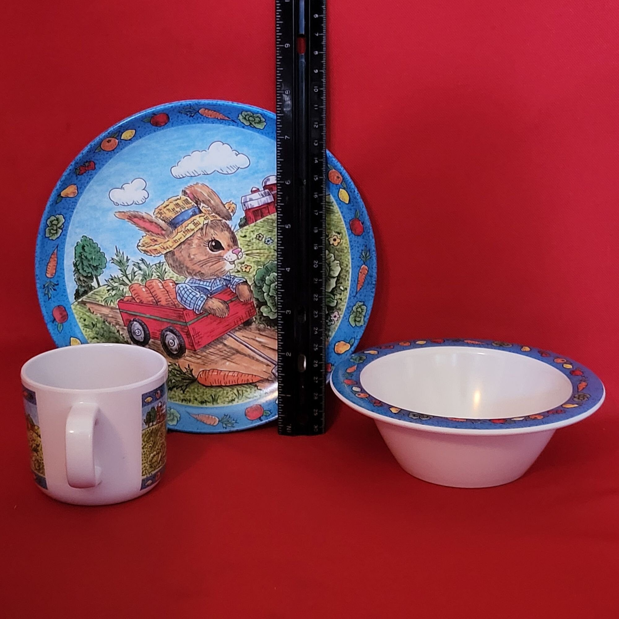 VTG Plastic Melamine Plate Bowl & Cup Set Peter Rabbit Bunny in Garden ...