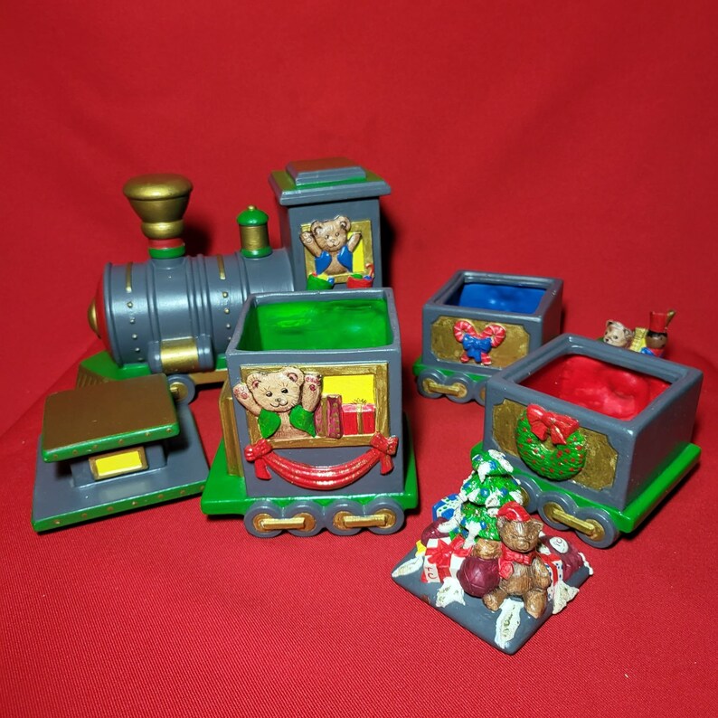 Vintage Christmas Train Teddy Bears Ceramic Red and Green Jar Trinket ...