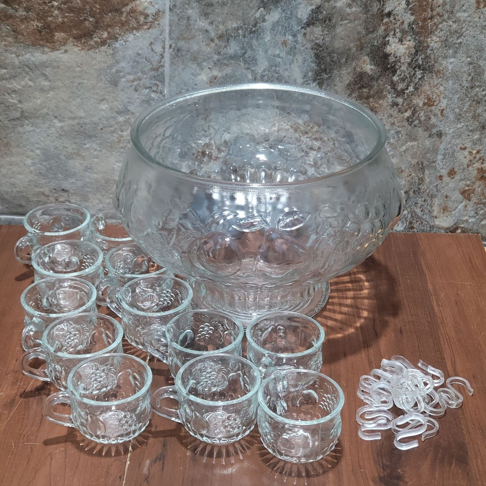 Vintage Glass Punch Bowl 12 Cups & Hooks Fruit Design Glassware Party ...