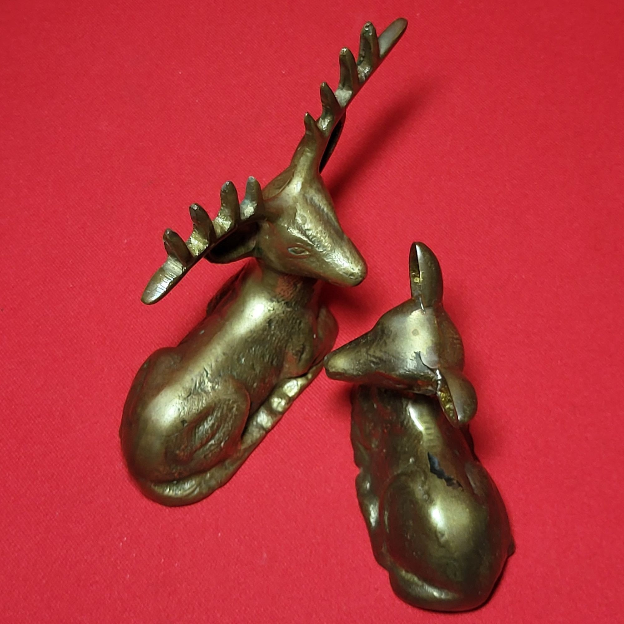 VTG Brass Deer Sitting Buck & Doe Figurine Paper Weight Home Decor Set ...