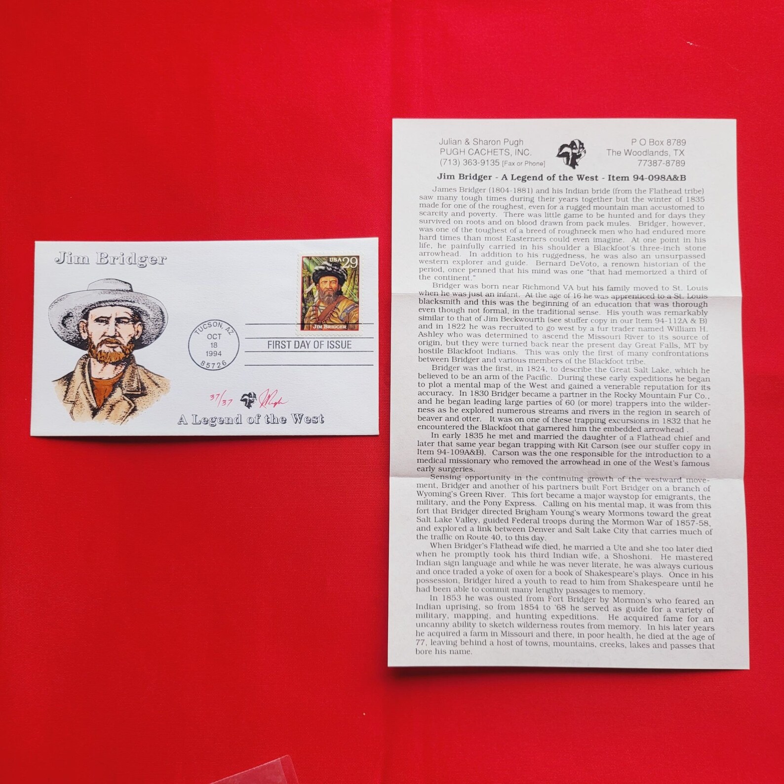 First Day of Issue Stamp Cache Envelope and Enclosure Jim Bridger A ...