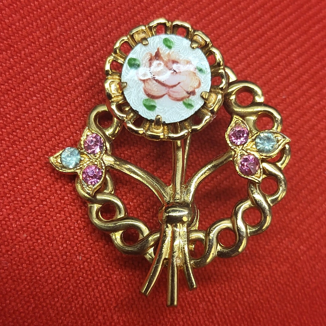 Vintage Rose Enamel Brooch Pin Gold Tone - Etsy