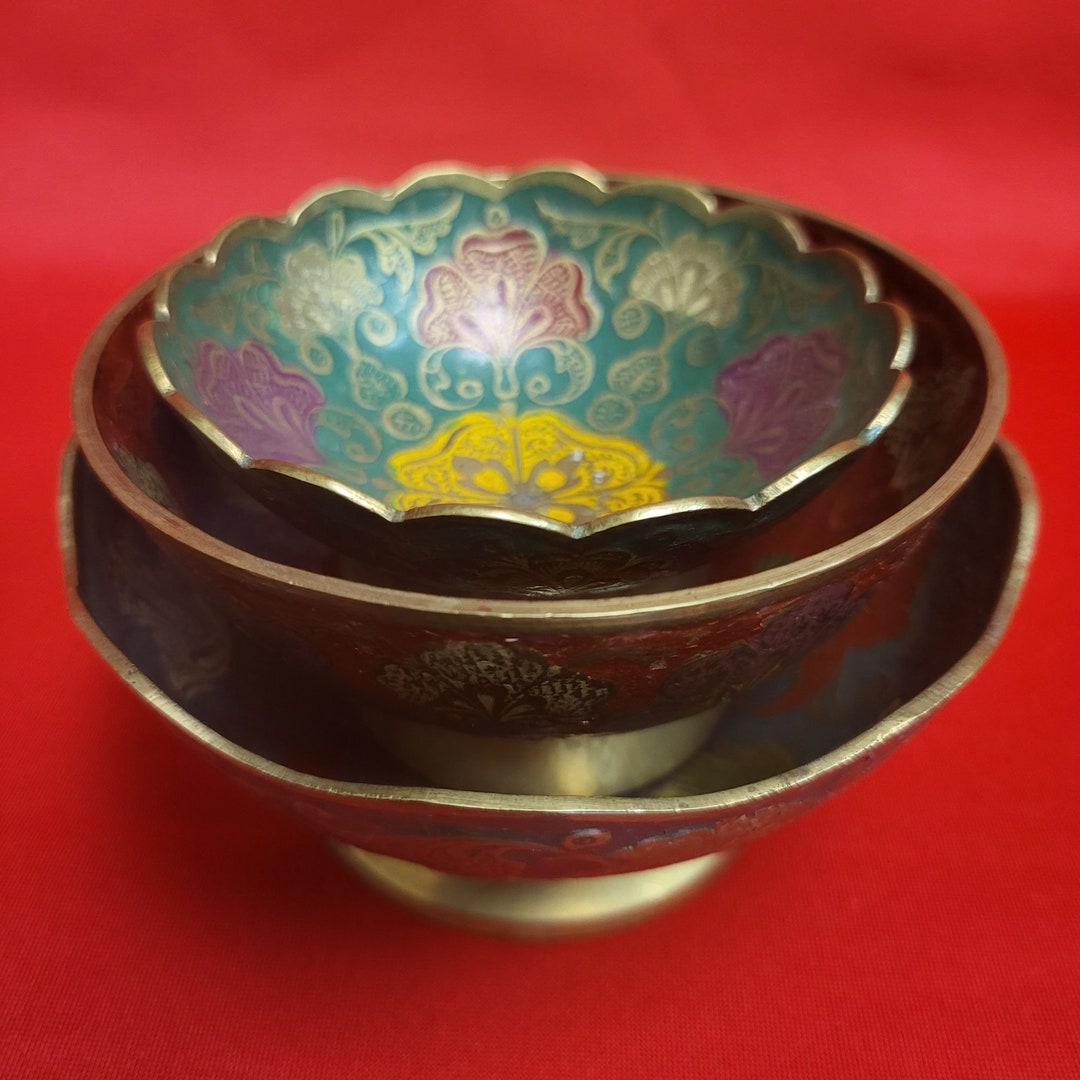 Vintage India Brass Bowl Painted Floral Patterns Scalloped Rim Footed ...