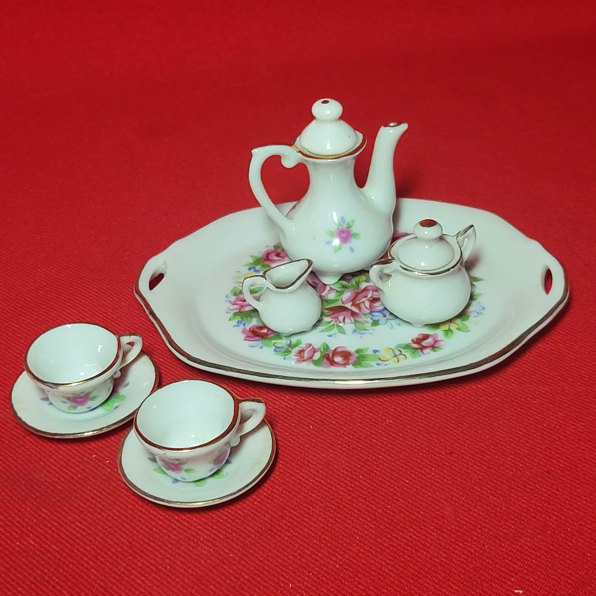 VTG Miniature Tea Set Pink Roses Gold Trim 10 Pc - Etsy
