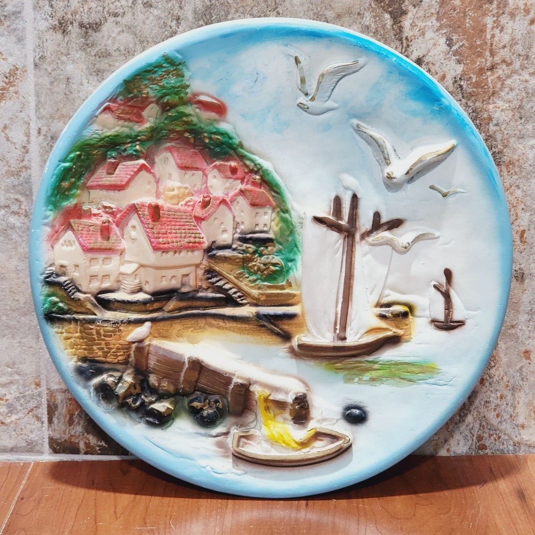 Vintage 3D Chalkware Seaside Plaque: Seagulls & Houses Wall Decor - Etsy