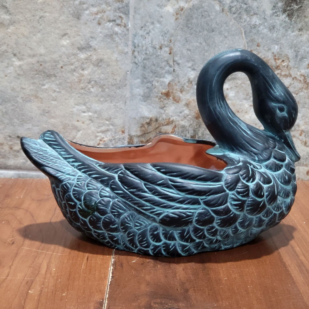 VTG Swan Planter Terracotta Pottery Teal and Charcoal Succulent Planter ...