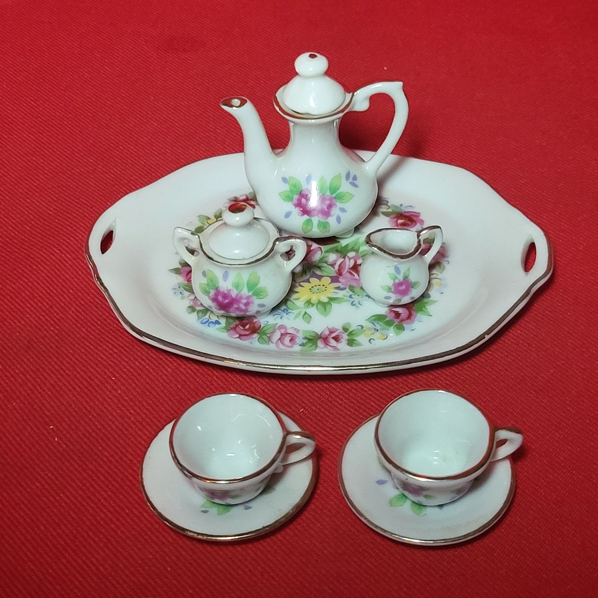 VTG Miniature Tea Set Pink Roses Gold Trim 10 Pc - Etsy