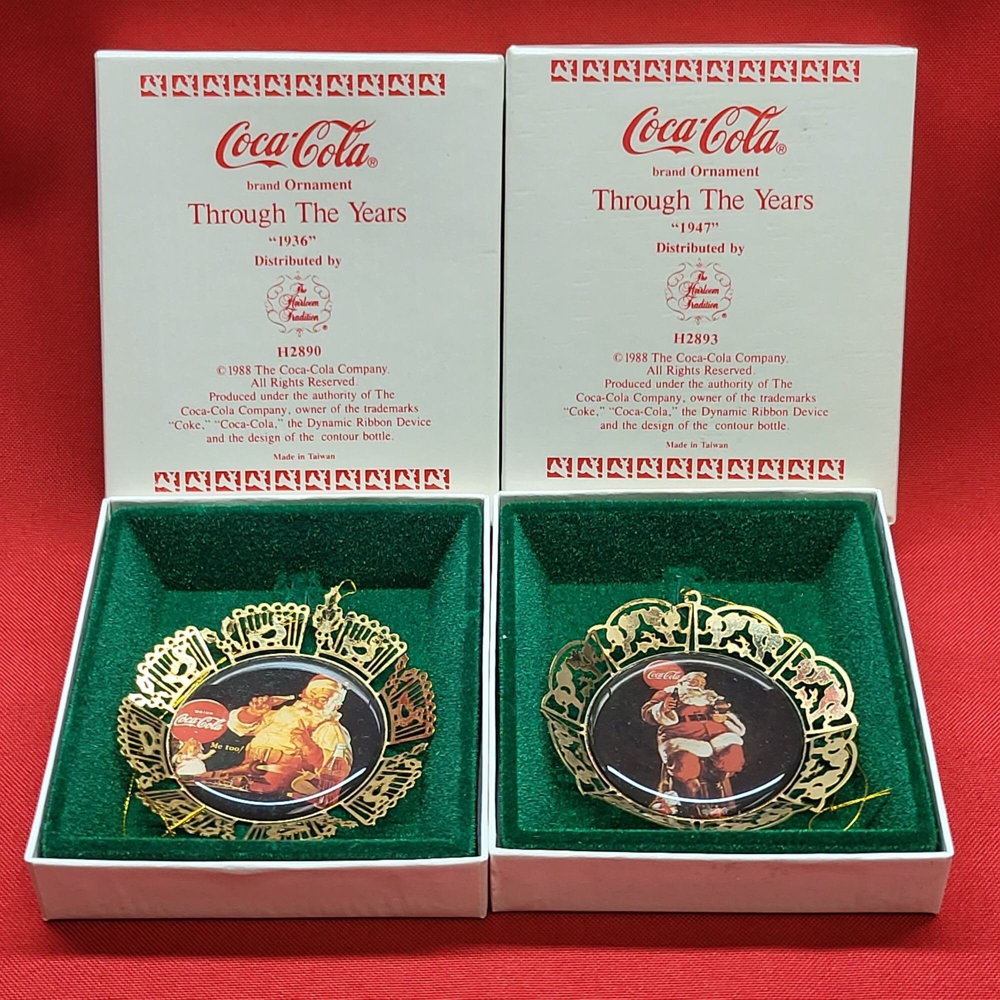 Coca Cola Through the Years 1936 & 1947 Santa Christmas Ornaments Set ...