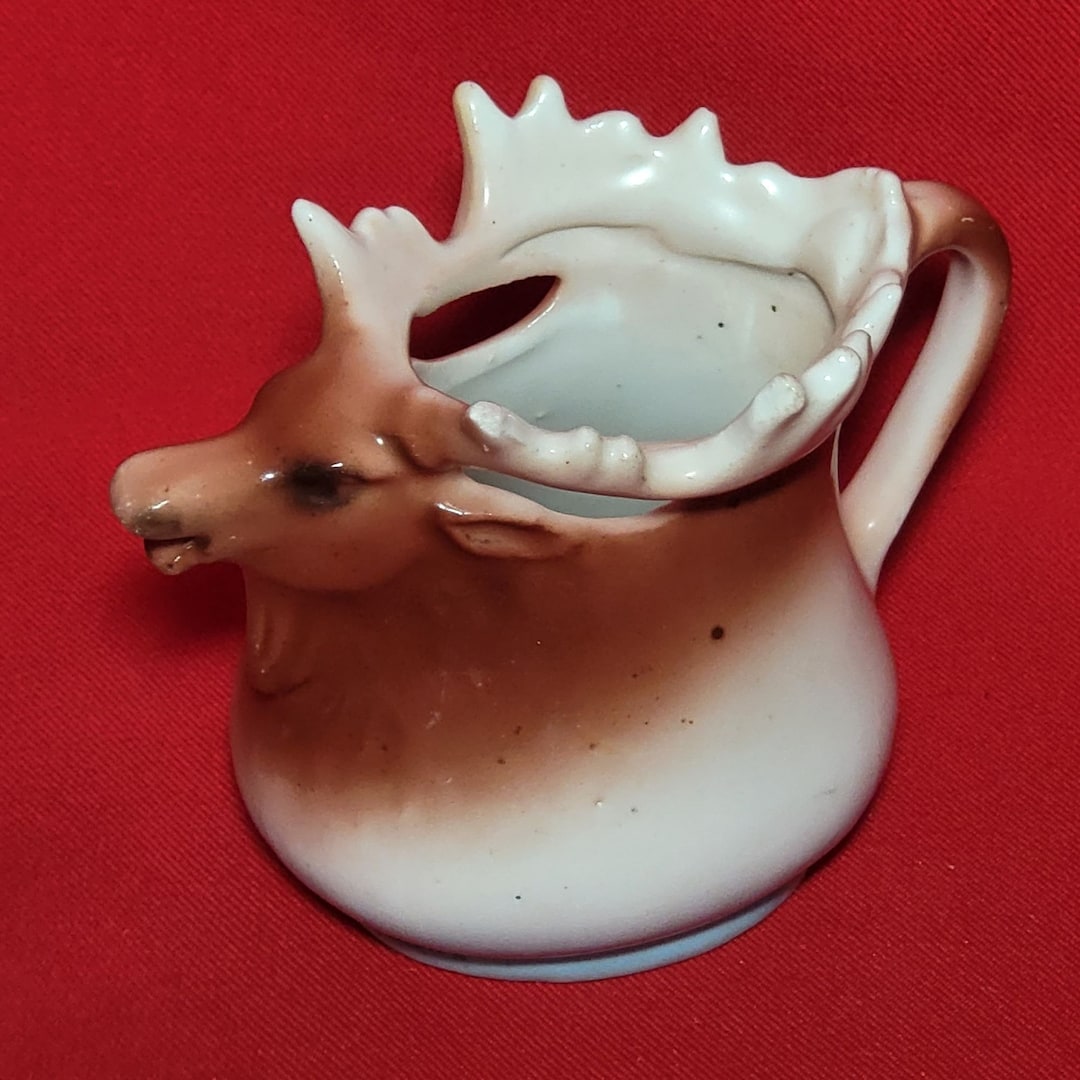VTG Elk Moose Antlers Ceramic Porcelain Handled Pitcher Creamer Planter ...