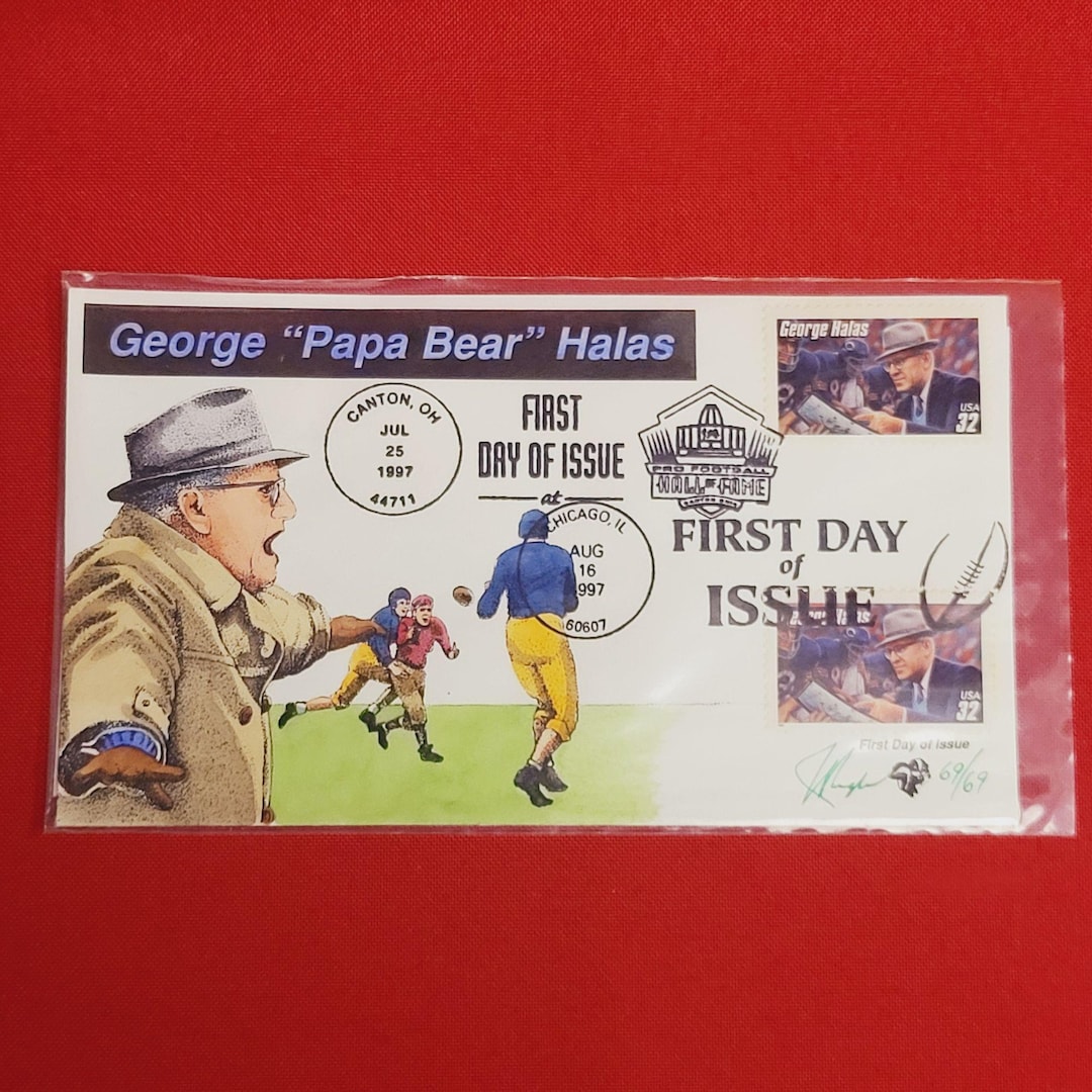First Day Issue Stamp Cache Envelope Enclosure George Papa Bear Halas ...