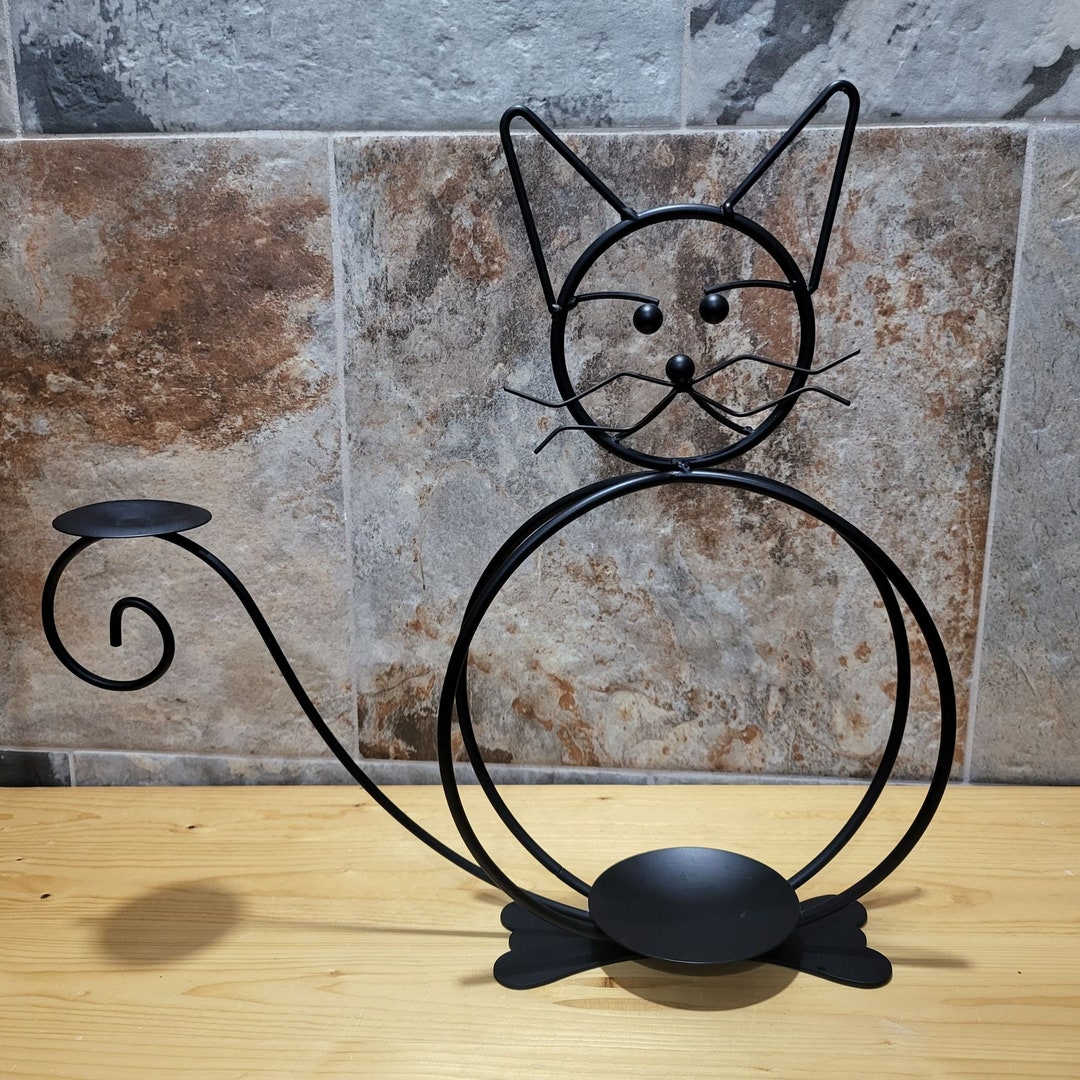 VTG SHP International Black Metal Cat Wrought Iron Kitty Candle Holder ...
