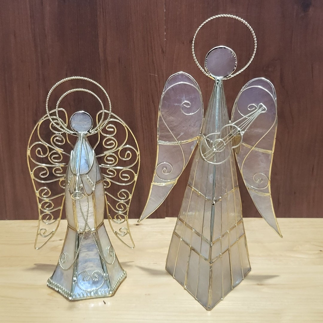 VTG Iridescent Capiz Shell Gold Christmas Metal Angel Tea Light Votive ...