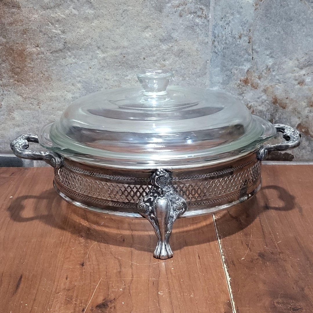 Vintage Pyrex Glass Casserole Dish With Lid Footed Silverplated ...