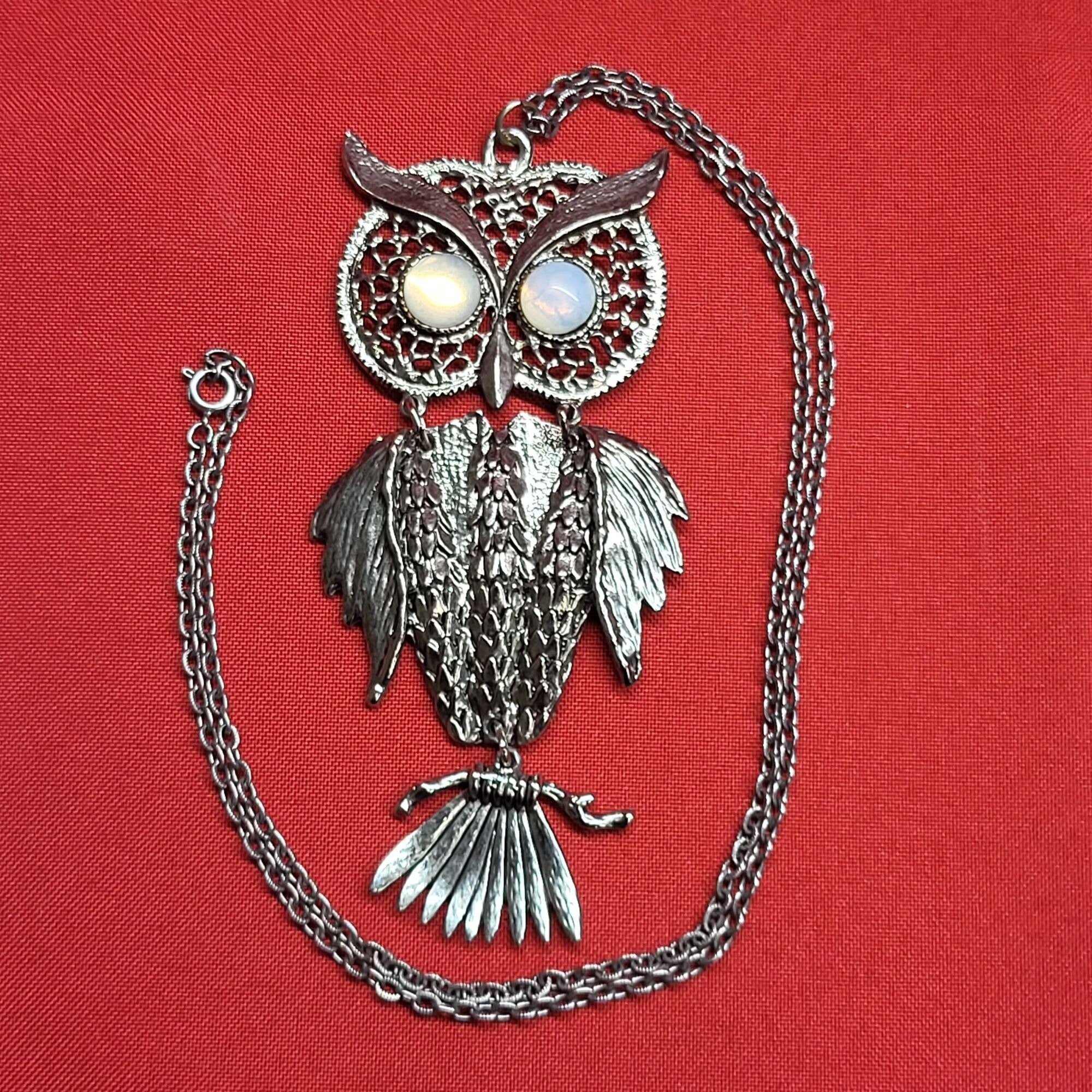Vintage Horned Faux Opal Eyes Large Owl Necklace - Etsy