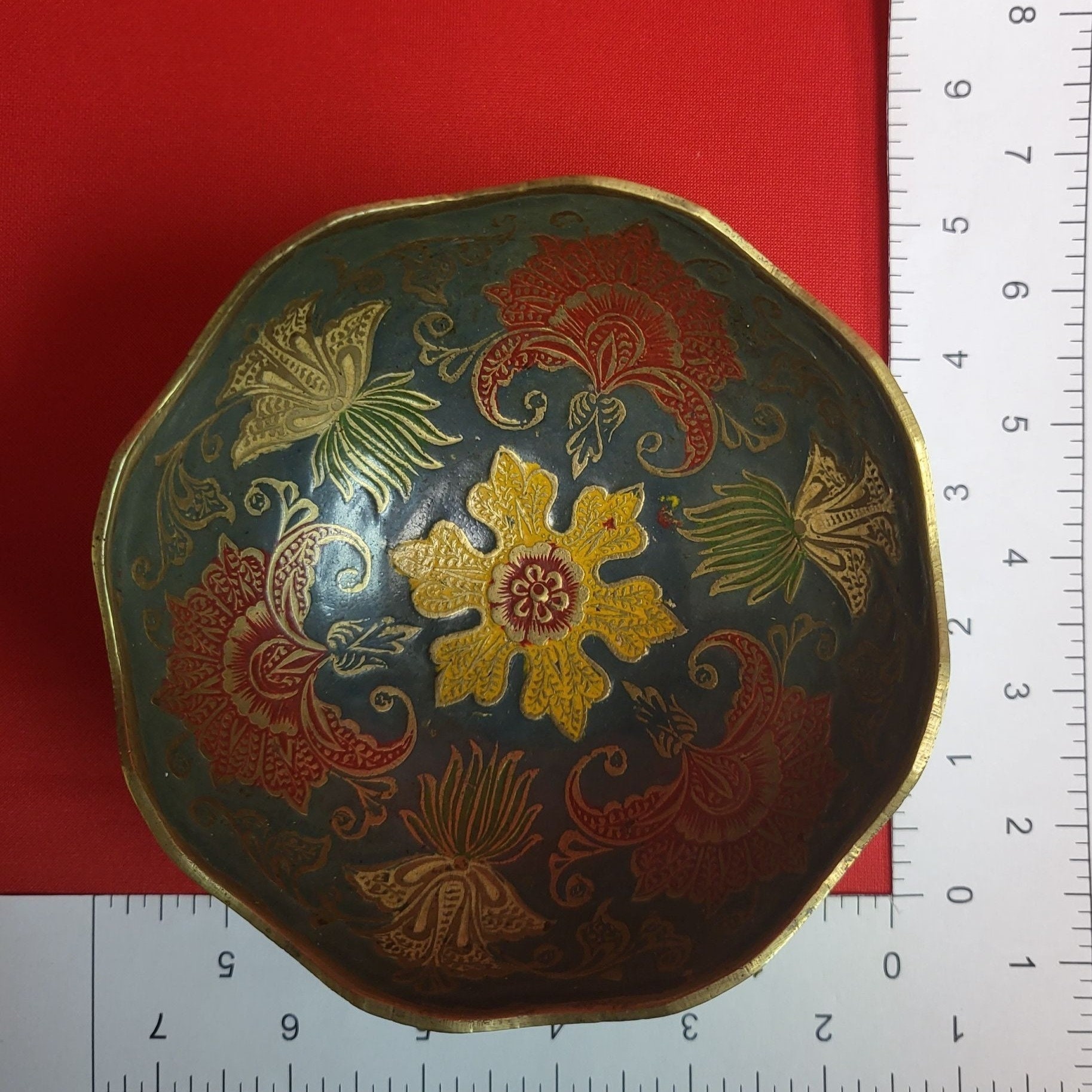 Vintage India Brass Bowl Painted Floral Patterns Scalloped Rim Footed ...