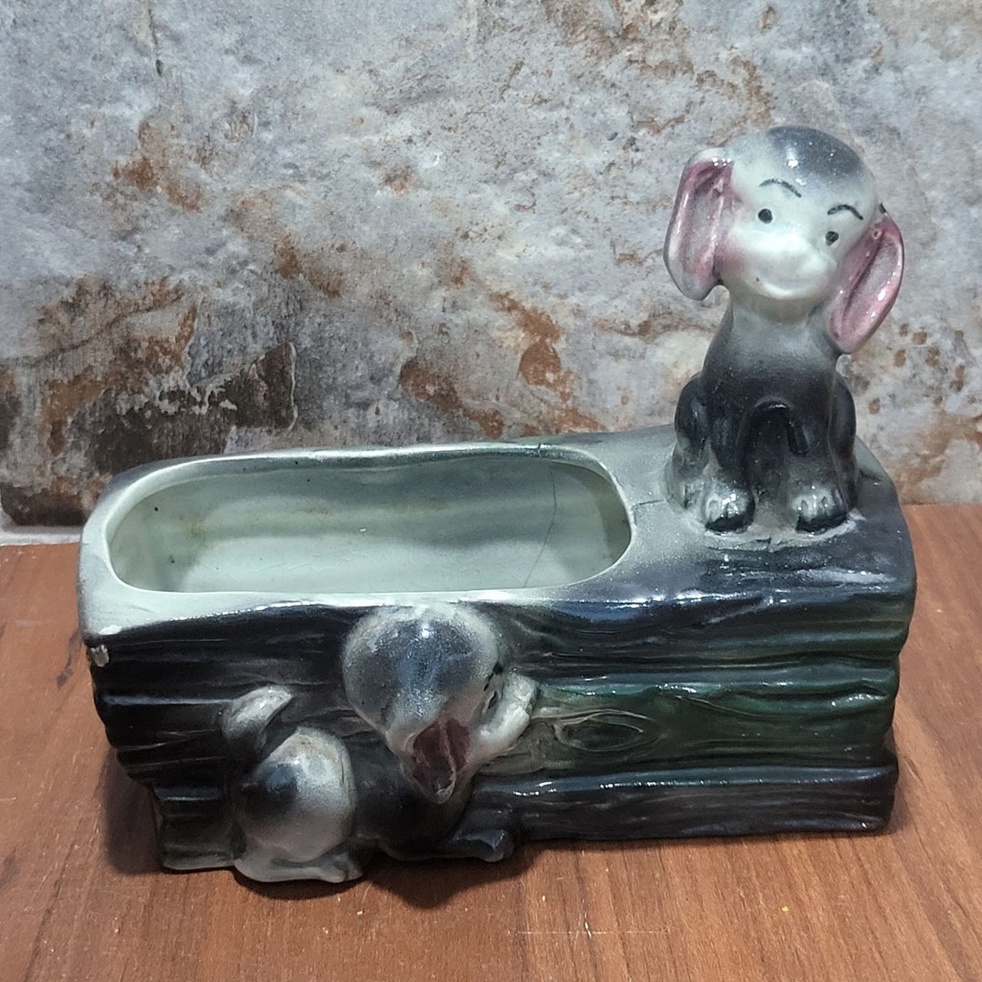 Vintage Dog Planter Green Black Two Puppies One on Side Other Sitting ...