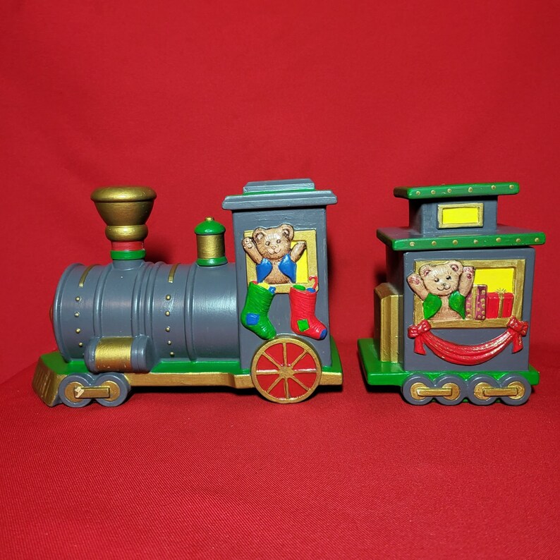 Vintage Christmas Train Teddy Bears Ceramic Red and Green Jar Trinket ...
