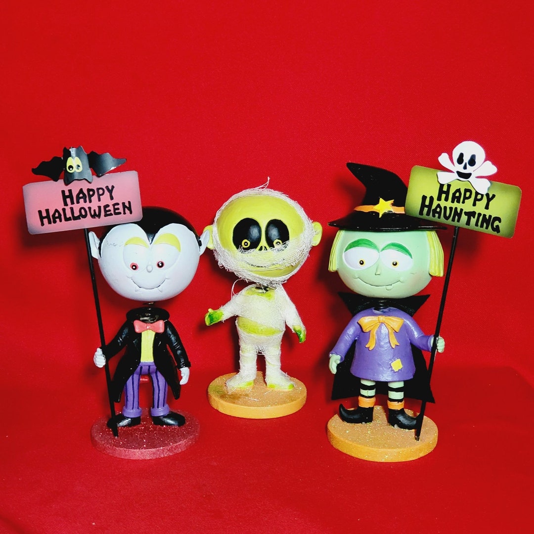 Halloween Figurines Witch Dracula Mummy Bobble Head Spring Set of 3 - Etsy