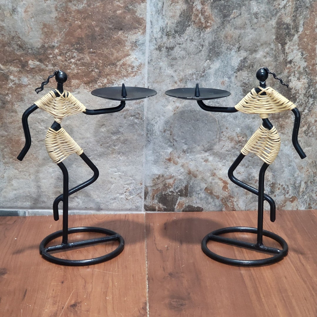 Vintage Black Wrought Iron Rattan Woman Figure Candle Holder Tribal ...