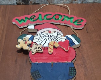 DISTRESSED Welcome SANTA SIGN Grooved Wood Hanging Hanger Christmas ...
