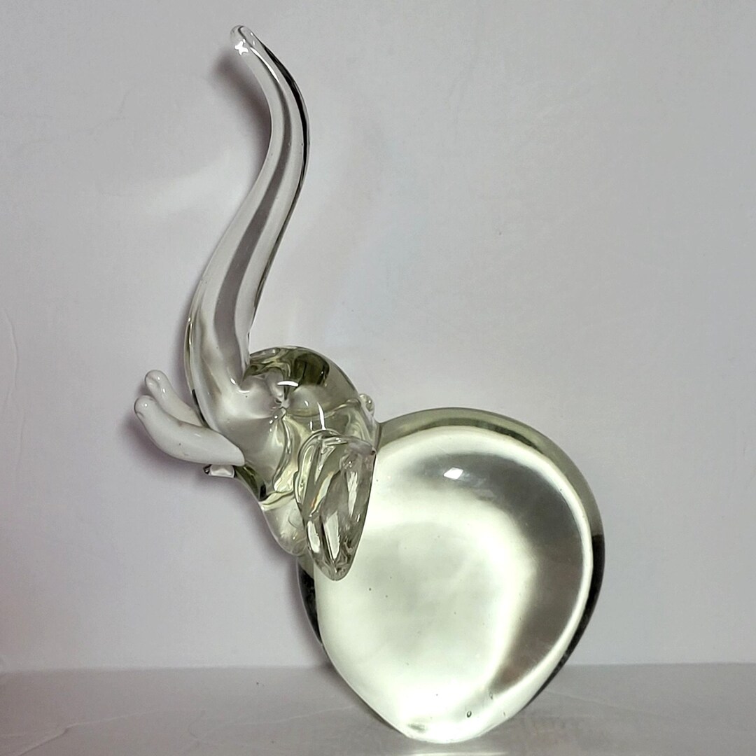 Vintage Clear Art Glass Elephant Figurine Paperweight Trunk up Good ...